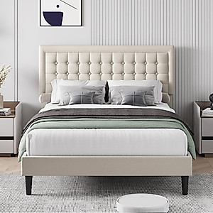 Keyluv Full Size Bed Frame with Button Tufted Headboard, Modern Fabric Upholstered Platform Bed Frame, Strong Wooden Slats Support, No Box Spring Needed, Beige