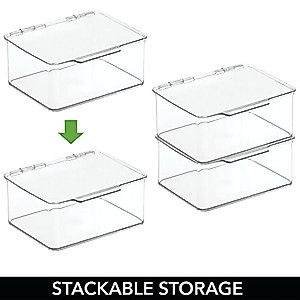 mDesign Plastic Stackable Craft, Sewing, Crochet Storage Container Box with Attached Lid - Compact Organizer and Holder for Thread, Beads, Ribbon, Glitter, Clay - Small, 3" High - 2 Pack - Clear