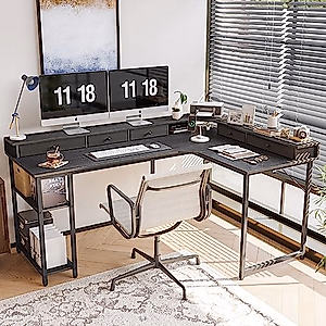 Treesland Large Desk, 24" Deep, Computer Desk with Monitor Stands, 67" L x 47" W Home Office Desks, Desk with Storage Shelves and 5 Drawers, Black