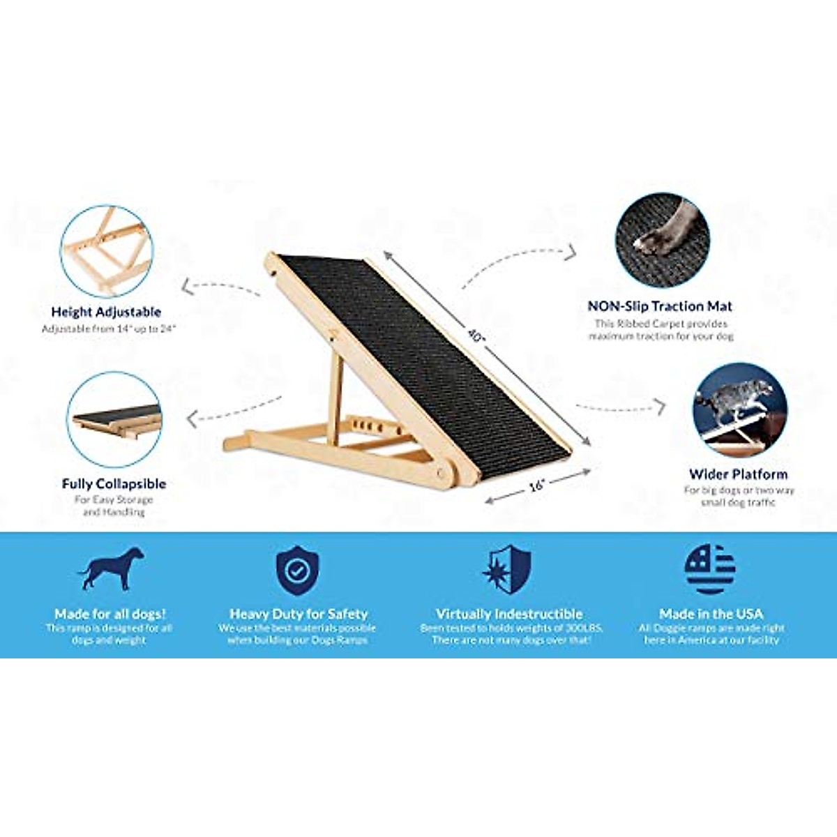 Pawnotch USA Made Adjustable Dog Ramp for All Dogs and Cats - Dog ramp for Couch or Bed with Paw Traction Mat - 40" Long and Adjustable from 14” to 24” - Rated for 200LBS - Dog Ramp for Small Dogs