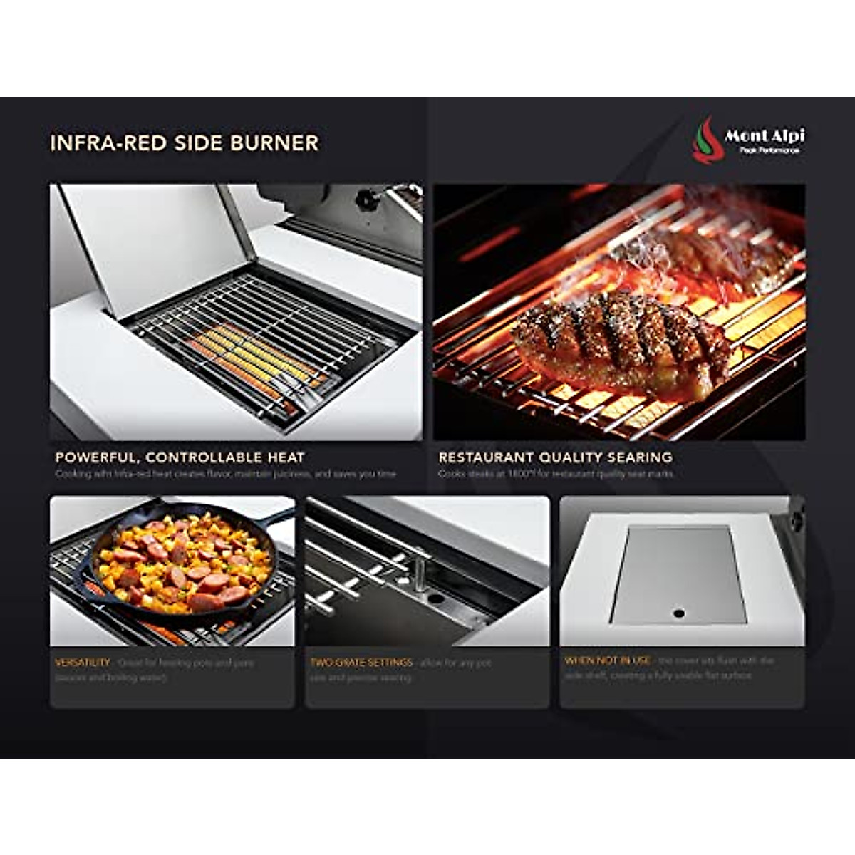 Mont Alpi MAi400-DFC 32-Inch 4-Burner 78000 BTU Deluxe Stainless Steel Gas Outdoor Kitchen Bar Barbecue Island Grill w/Infrared Side Burner + Wine Cooler Compact Refrigerator + Rotisserie Kit