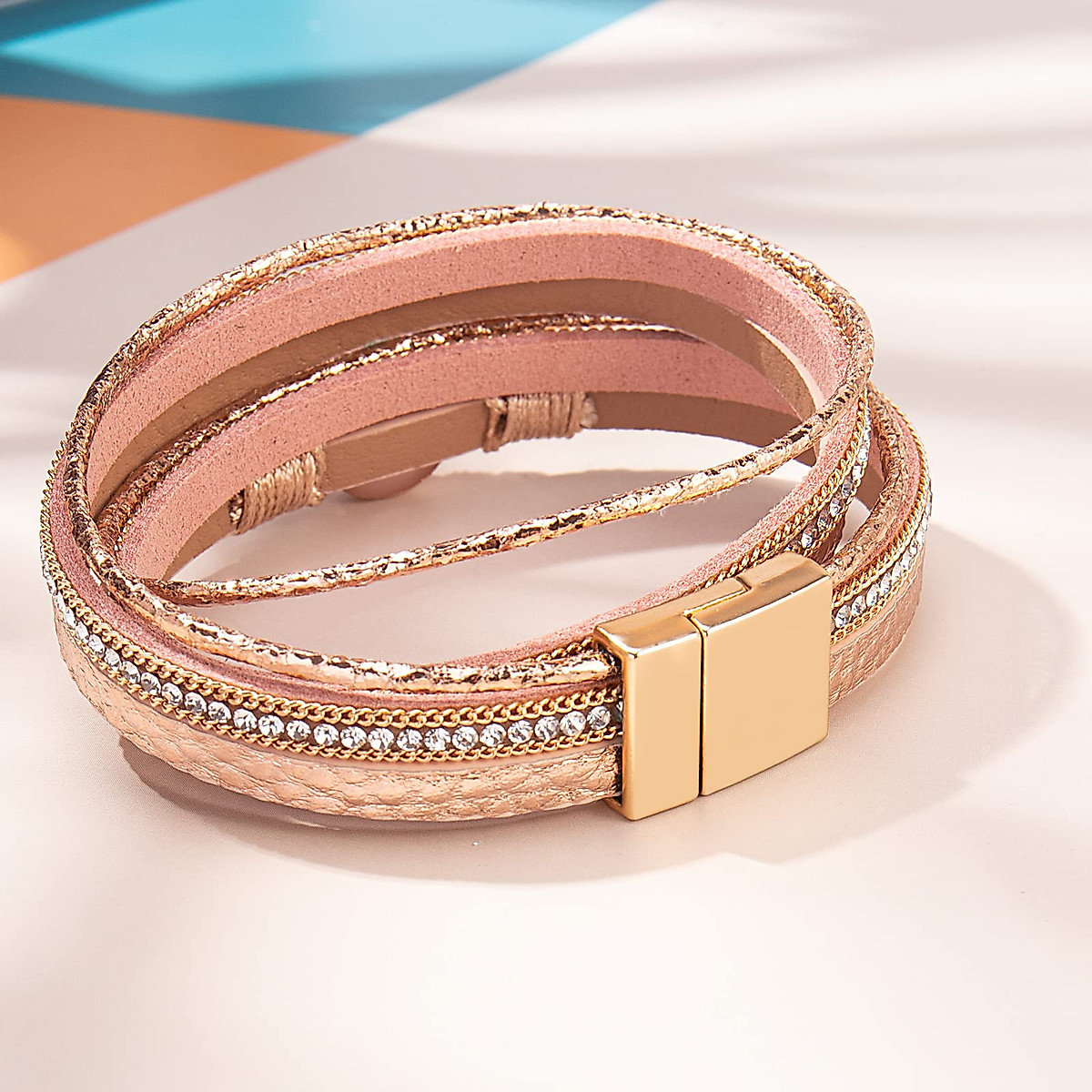 FANCY SHINY Boho Wrap Bracelets Leather Cuff Bracelet Bohemian Jewelry Resin Stone Multi Strand Bracelet with Clasp for Women(Rose Gold)