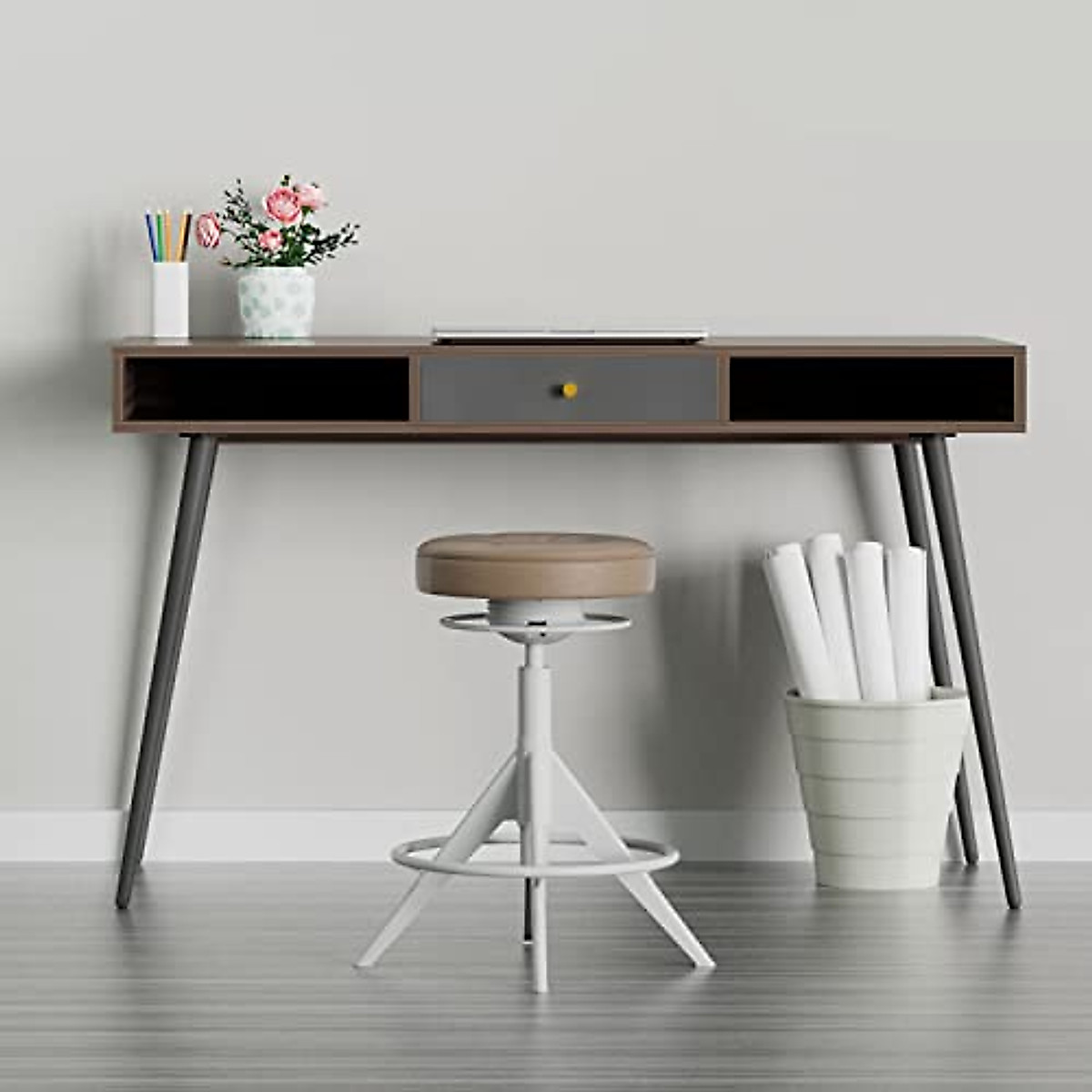 kevinplus Computer Writing Desk 46.8'' with Fast Charge USB Port & Power Outlet, Mid-Century Modern Study PC Desk with Type-C Ports Charging Station, Home Office Desk with Drawer, Walnut & Dark Grey