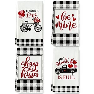Whaline 4Pcs Valentine's Day Kitchen Towel 28 x 18 Inch White Black Buffalo Plaids Swedish Dish Towel Heart Truck Bicycle Sweet Style Hand Drying Tea Towel for Holiday Kitchen Bathroom Home Supplies