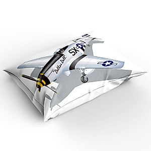 Artistic Duvet Cover Queen Size 4Pcs Bedding Duvet Cover Set(Comforter Cover Pillowcases Flat Sheet) P-51 Dallas Doll Print American Air Force Classic Plane Bedding Cover Set for Bedroom, Hotel Decor