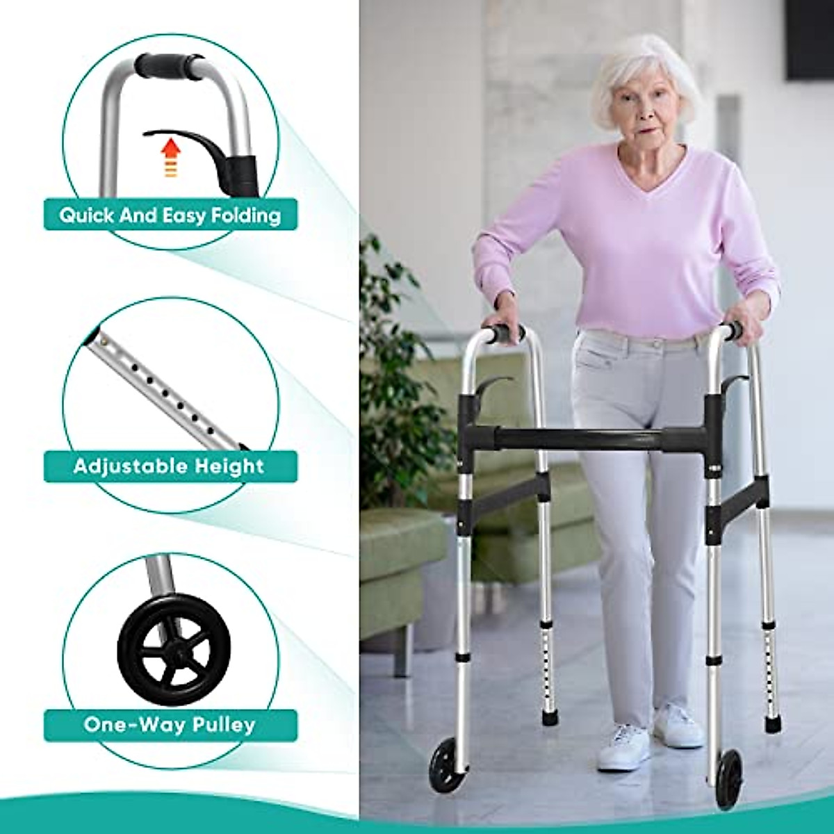 Nurhome Compact Folding Walker with Trigger Release and 5" Wheels Walker for Senior Lightweight Adjustable Height Supports up to 350 lbs