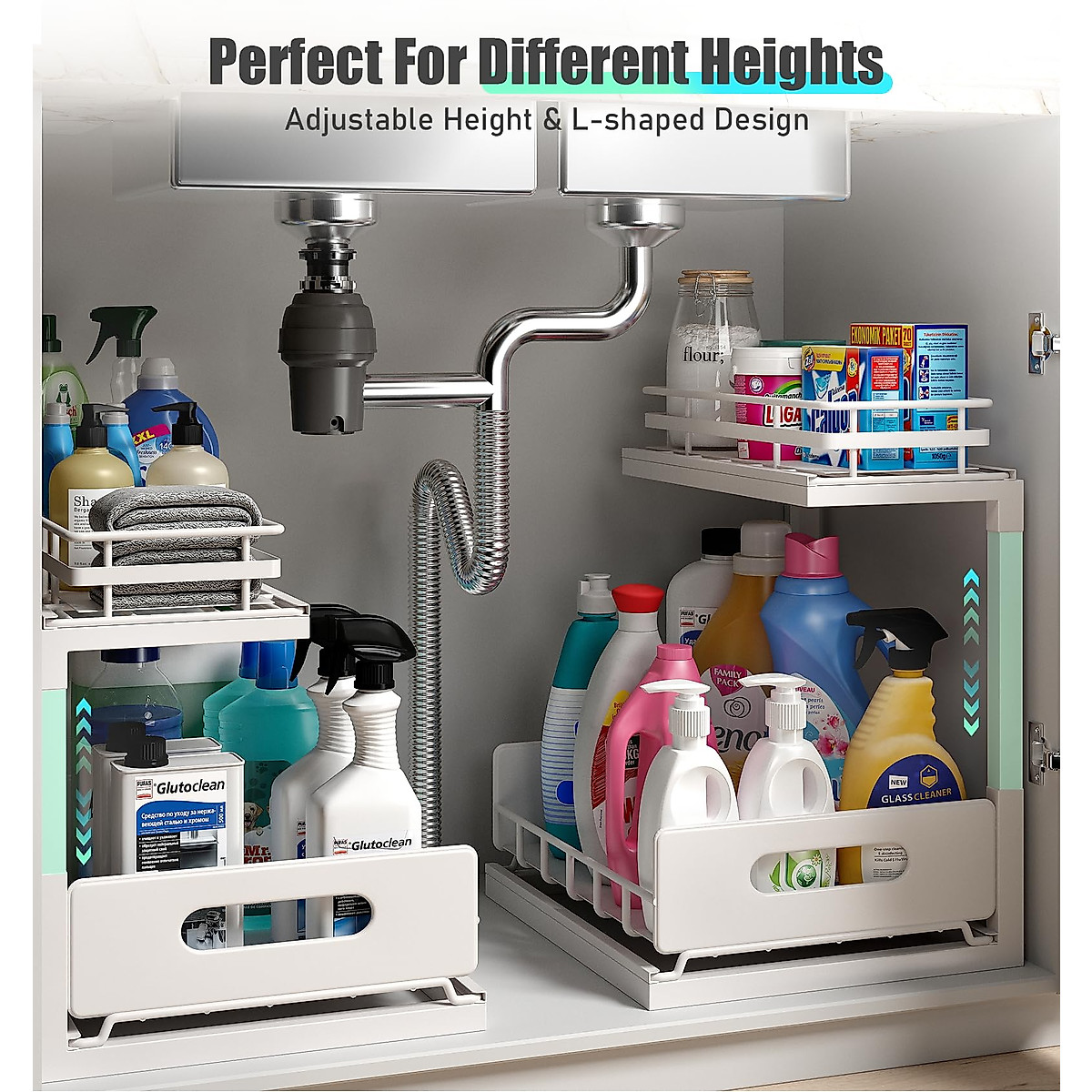 Biboraya 2 Pack Under Sink Organizers And Storage Height Adjustable,2-Tier Under Cabinet Pull Out Shelf,Multi-Use Slide Out Drawer For Kitchen Bathroom Laundry Room-White(Patent Pending)