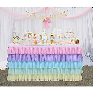 GewoneLife Rainbow Tulle Table Skirt 6FT Tutu Table Clothing for Baby Shower Birthday Party Decoration,Unicorn Table Skirt for Rectangle and Round Tables(L72in,H30in)