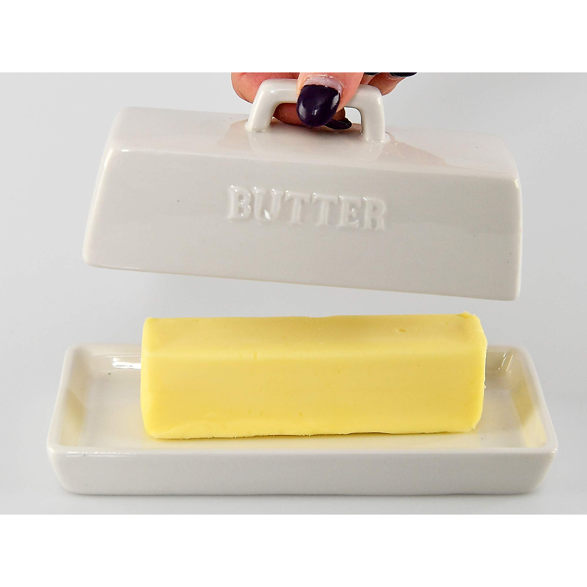 HOME-X Classic Butter Dish, Butter Dish with Cover, Farmhouse Dish for Stick of Butter, Butter Crock, 6 ¾”L x 3 ¼”W x 3" H, White