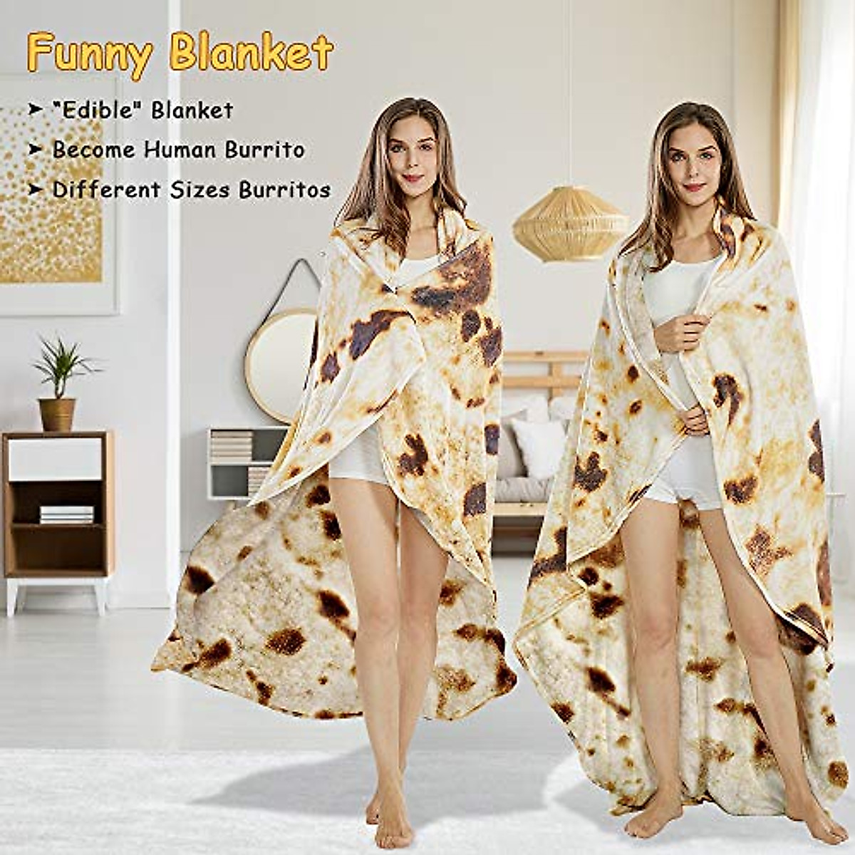 SeaRoomy Burritos Tortilla Throw Blanket, Tortilla Wrap Blanket, Novelty Funny Tortilla Round Blanket Giant Tortilla Round Soft Blanket for Kids (Brown, 47 inches)