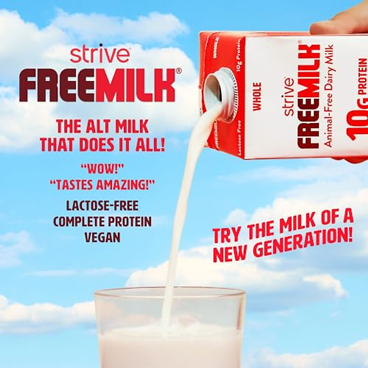 Strive FREEMILK, Animal-Free Dairy Milk, 32 oz Carton (Pack of 6), Lactose Free, 10g Protein per Serving, Alt Milk, Shelf Stable, Precision Fermentation, Perfect Day