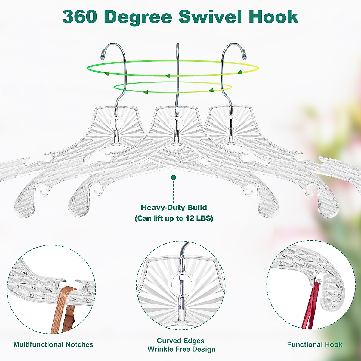 Quality Hangers 24 Pack Clear Plastic Hangers with Super Easy 360 Degree Swivel Hook – Shirt Hangers with Precision Notches for Secure Hanging – Slim Crystal Coat Hangers – 17 Inches (24, 17")