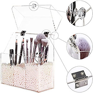 YestBuy Acrylic Makeup Brush Holder, Clear Makeup Brush Organizer For Vanity, Cosmetic Brush Storage Box with Pink Pearls, For Bathroom, Bedroom, Vanity Countertop
