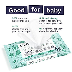 Pura Baby Wipes, 100% Plastic-Free & Plant Based Wipes, 99% Water, Suitable for Sensitive & Eczema-prone Skin, Fragrance Free & Hypoallergenic, Cruelty Free, EWG Verified, 1 Pack of 60 Wet Wipes