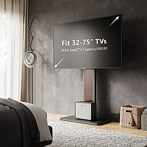 FITUEYES Universal Floor TV Stand with Swivel Height Adjustable Mount for 32 43 50 55 65 75 inch TVs, Mid Century Modern Corner TV Stand Space Saving for Living Room Bedroom (Black & Walnut)