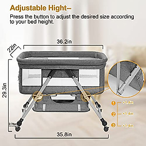 Palopalo Portable Bassinet Baby Bassinet Bedside Sleeper 3 in 1 Bedside Crib with Wheels Co Sleeper for Newborn,Adjustable Height, Comfortable Mattress and A Large Storage Basket Included, Grey