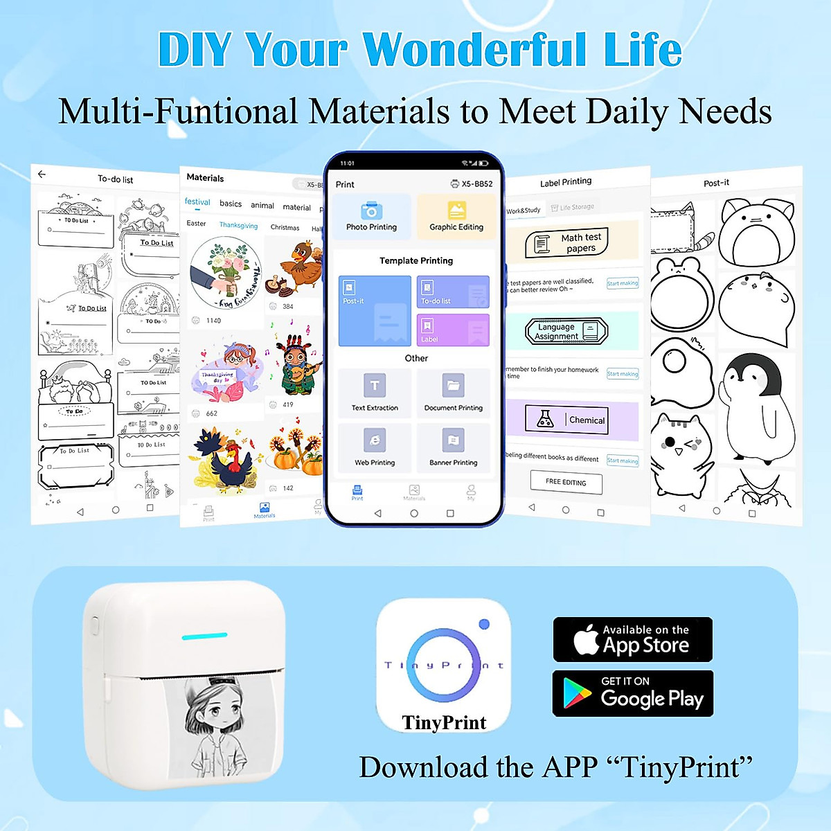 Vicbear Mini Portable Printer, Inkless Sticker Printer with 12 Rolls Paper, Mini Thermal Printer for Notes/Photos/Stickers/Labels/Receipts, Pocket Printer for iPhone, Android Phone & Tablet, White