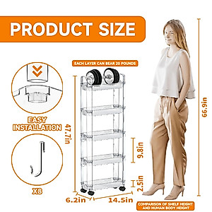5 Tier Slim Storage Cart with Wheels,Clear Thin Bathroom Standing Shelf,Narrow Bathroom Caddy on Wheels Space Savers Organizers,Skinny Laundry Organizer for Detergent