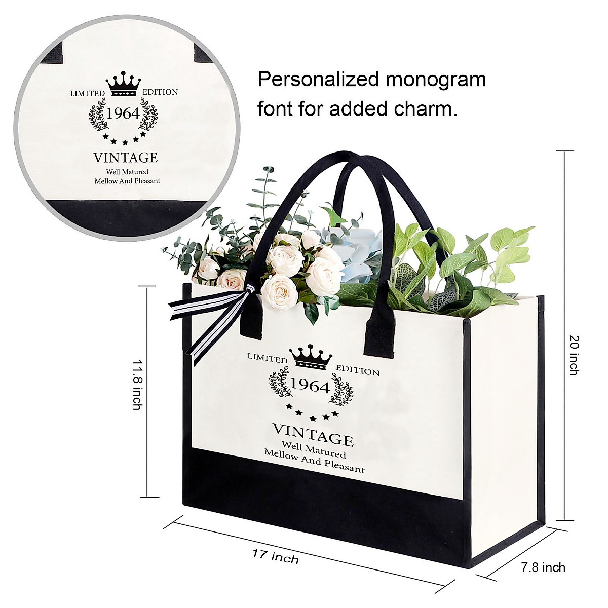 60th Birthday Gifts for Women, Canvas Tote Bag with Zipper Suitable for 60 Year Old Birthday Gifts for Women, 60th Birthday Decorations for Women Beige and Black