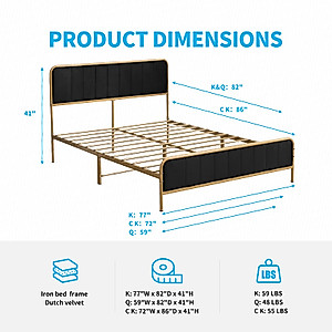Mjkone California King Size Metal Platform Bed Frame with Dutch Velvet Headboard, Clearance Bed Frame Upholstered Headboard, Metal Strip Support, No Box Spring Needed, Black