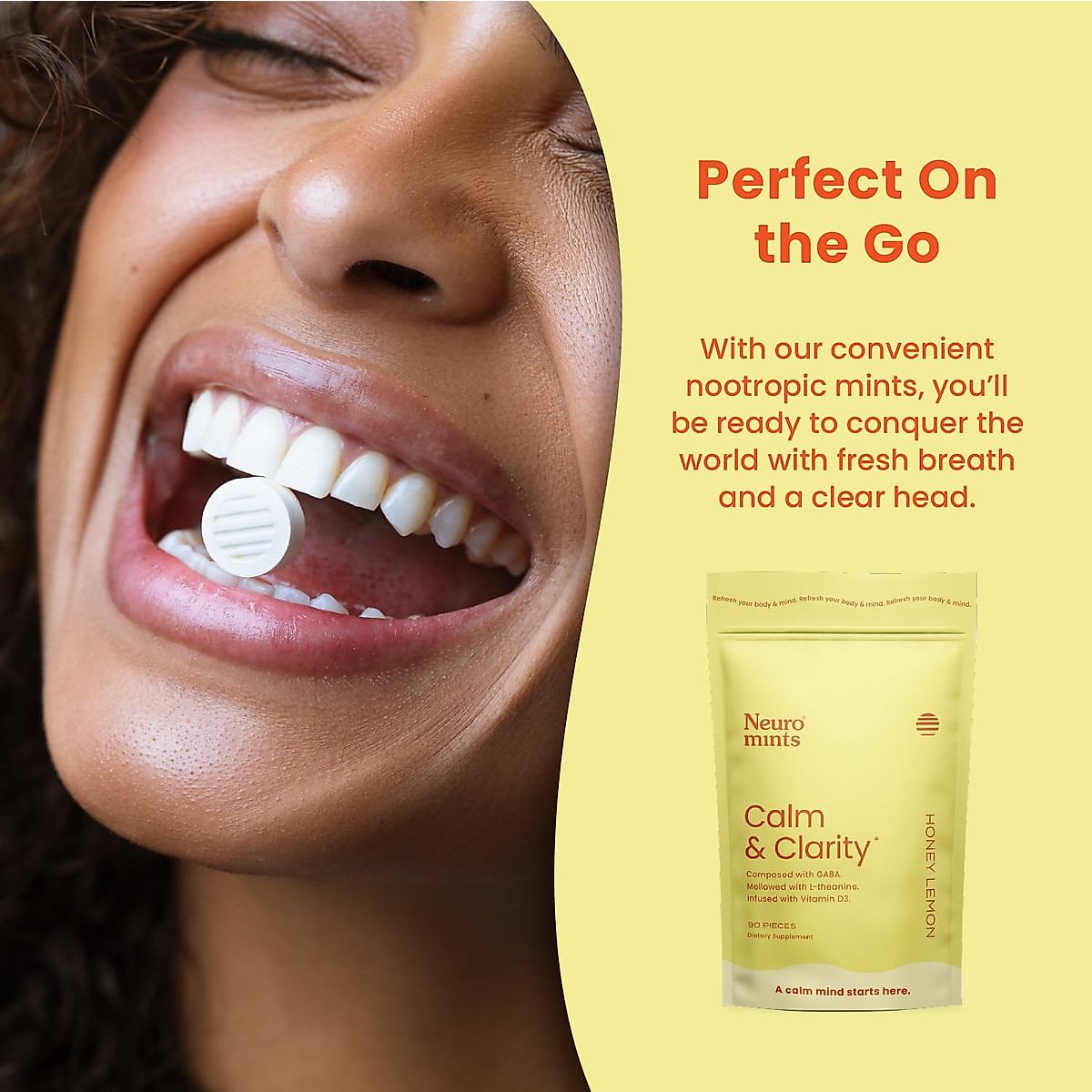 NeuroGum Calm & Clarity Mints (90 Pieces) - Sugar Free with L-theanine + GABA + Vitamin D3 - Nootropic Brain Supplements for Memory - Enhances Calm, Stress Relief for Men & Women - Honey Lemon