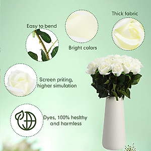 Hoteam 40 Pcs Artificial Roses Flowers Realistic Silk Roses Bouquet with Long Stem Roses Valentine‘s Day Fake Roses Bouquet for Wedding Centerpieces Bridal Shower Party Decor(White)