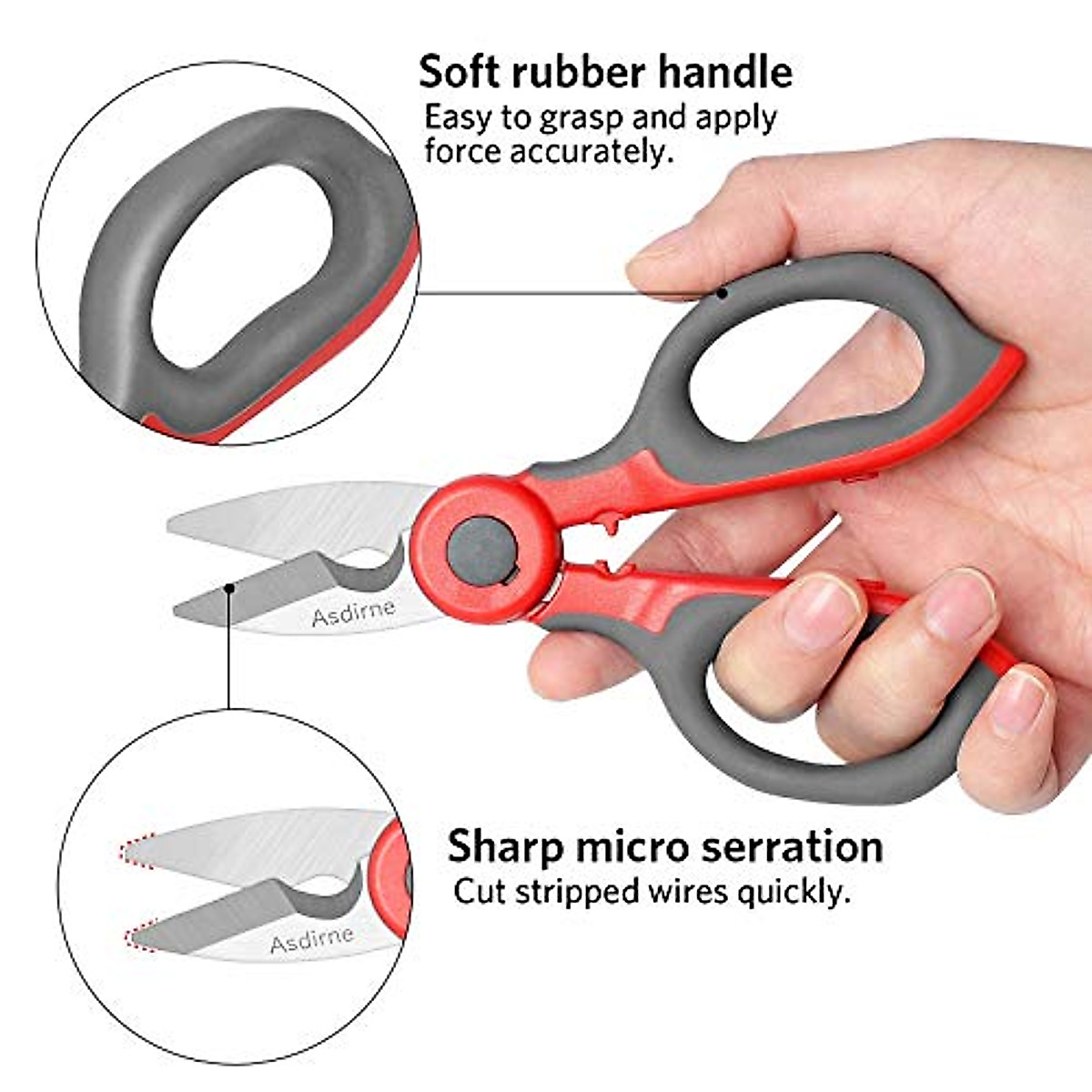 Asdirne 2 Pack Electrician Scissors, Heavy Duty Stainless Steel Sharp Blades and Soft Rubber Grip, Electrician Shears with Protective Cover, 6.1 Inch (Gray/Red)
