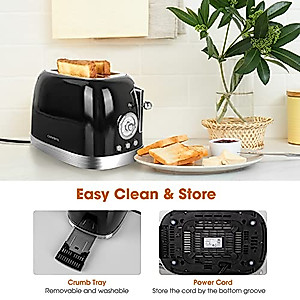 CROWNFUL 2-Slice Toaster, Extra Wide Slots Toaster, Retro Stainless Steel with Bagel, Cancel, Defrost, Reheat Function and 6-Shade Settings, Removal Crumb Tray, Black