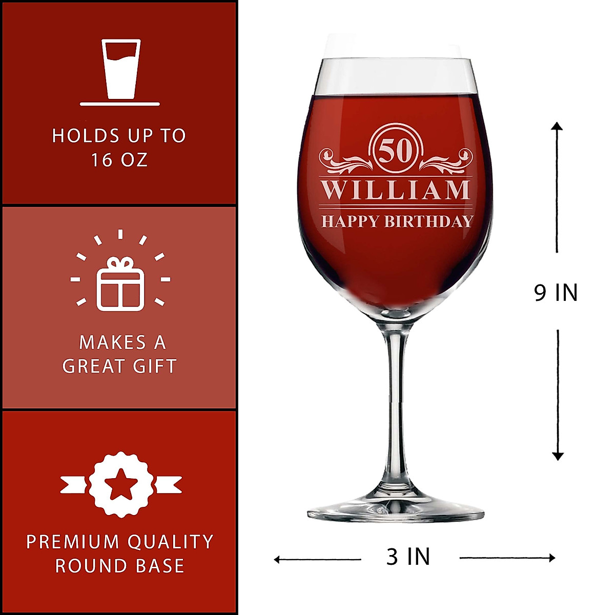 Custom Monogrammed Happy Birthday Wine Glass, Shot Glass, Beer Glass, Champagne Flute - Customized Present for 30th, 40th, 50th, 60th Celebration (16 oz Wine Glass with Stem)