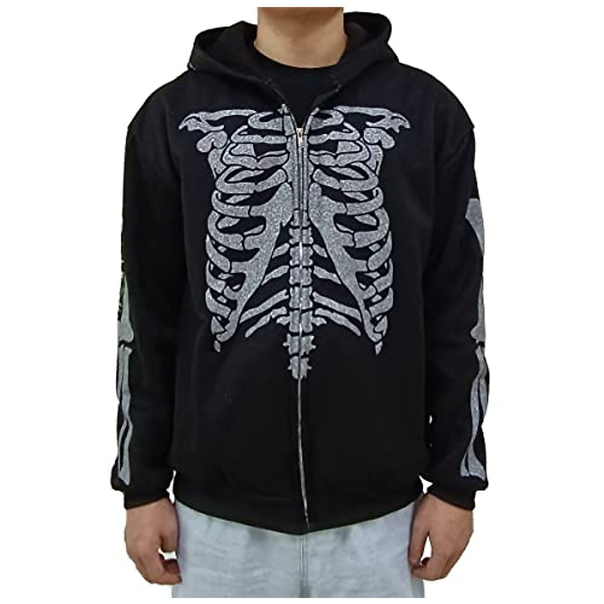 Lokkcy Y2K Rhinestone Skeleton Hoodie 2022 for Men Women, Skull Sweater Print Long Sleeve Zip Up Spider Hoodies-L