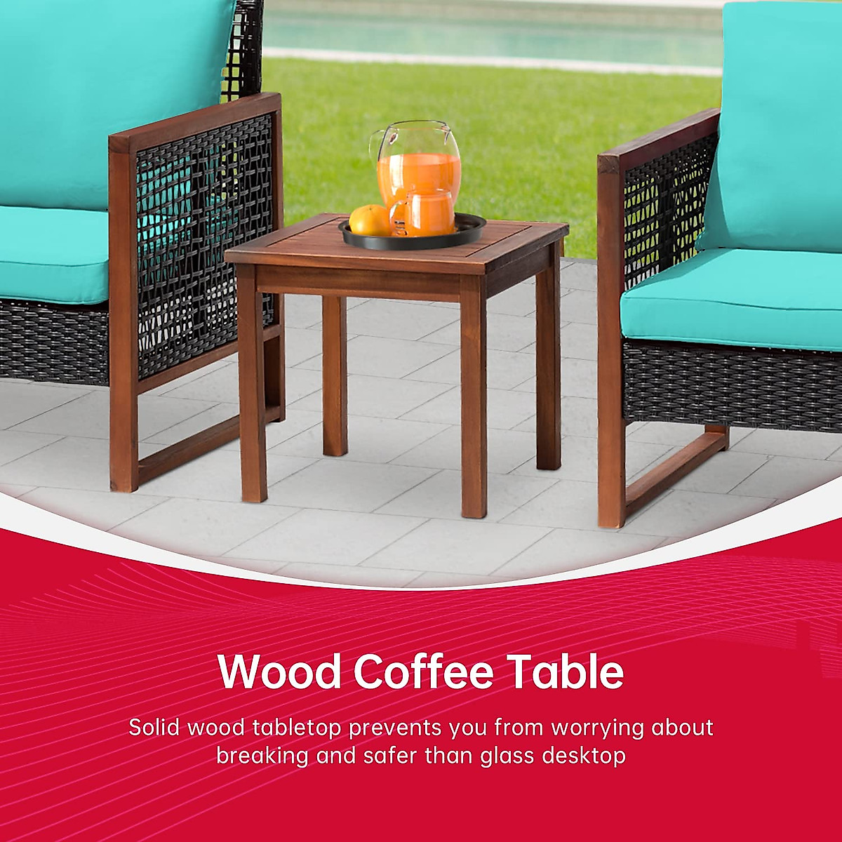 FDW 3-Piece Patio Bistro Set Acacia Wood Outdoor Chat Conversation Table Chair Set Outdoor Wood Chat Set with Water Resistant Cushions and Coffee Table for Beach Backyard Garden,Blue Cushion