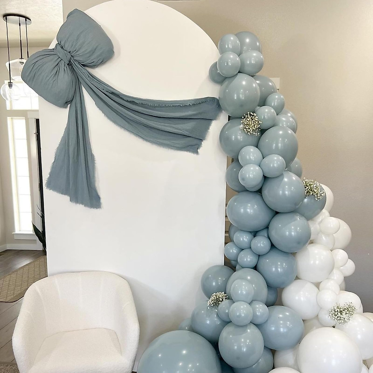 Dusty Baby Blue Balloon Arch Garland Kit,120Pcs Ivory White Retro Blue Bow Balloons Garland Kit Long Balloon as Bow Decor for Boy Baby Bridal Shower Birthday Wedding Party Decorations
