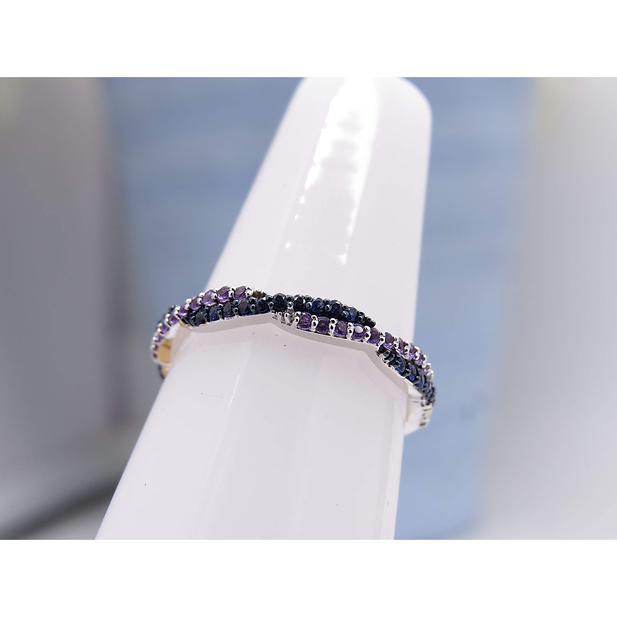 Dazzlingrock Collection 10K Round Amethyst & Blue Sapphire Ladies Wedding Swirl Stackable Band, White Gold, Size 6