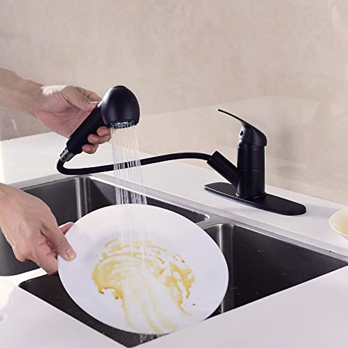 BZOOSIU Stainless Steel Pull Out Sprayer Kitchen Sink Faucet with Deck Plate, Single Lever Low Arch Rv Kitchen Faucet, 1-Hole or 3-Holes Installation Bar Faucets, Matt Black