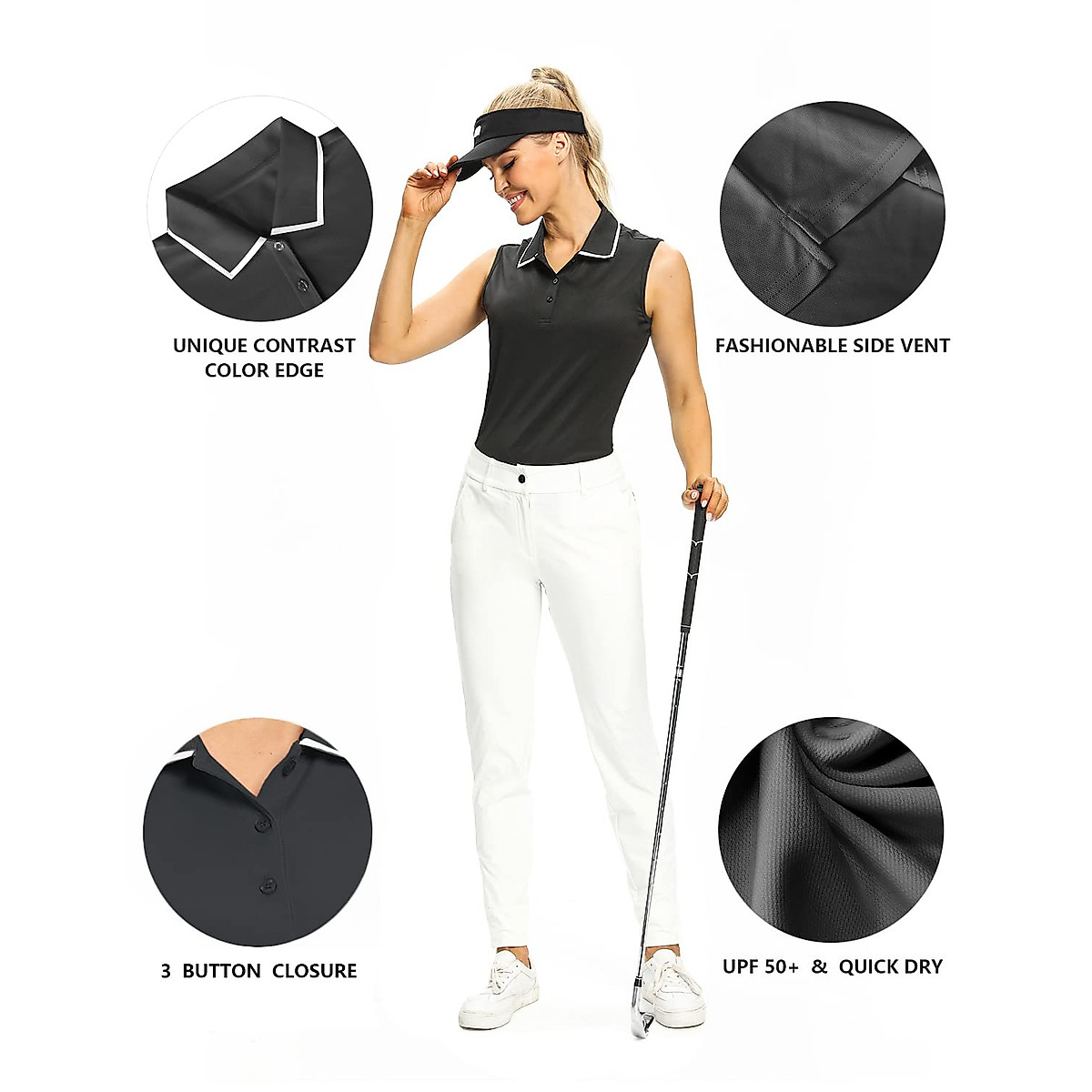 Hiverlay Polo Shirts for Women Sleeveless Golf Tank Tops Tennis Shirt Dry Fit UPF 50+ Lightweight Collared Ladies Tops Black XXL
