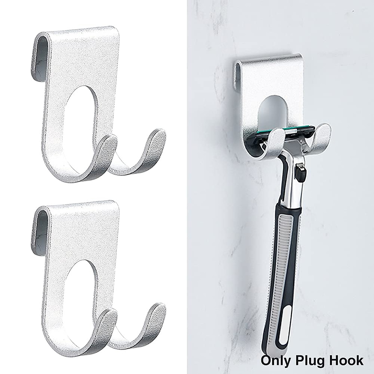 EMVANV 4pcs Adhesive Plug Hook, Stainless Steel Heavy Duty Razor Holder for Shower, Kitchen Organizer for Shaver Plug Robe Towel Loofah Coat, Shower Razor Holder Storage Hooks(Silver)