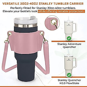 Tumbler Tote Water Bottle Carrier Strap Leather Compatible with Stanley 30/40oz Tumbler with Handle, Adjustable Shoulder Strap Credit Card Holder Keyring for Keys for Travel Yoga Workout Pink…