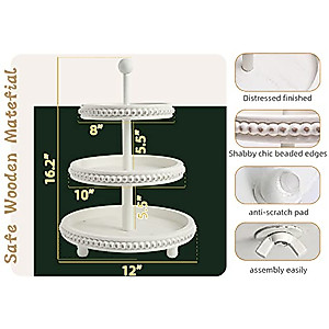 SwallowLiving Farmhouse 3 Tier Tray, White Three Tiered Tray Wood Stand with Shabby Chic Beaded for Home & Kitchen or Coffee Bar Decorations, 12.4 x 12.4 x 16.5 inchs