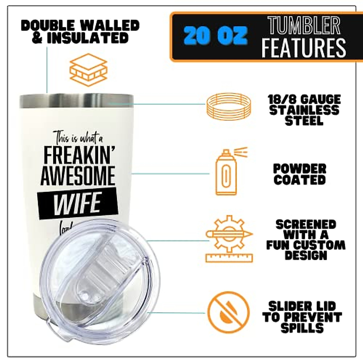 Brooke & Jess Designs Funny Gift for Wife from Husband - Awesome Wife Cup Tumbler Coffee Mug - Great Travel Cup Gifts for Wives from Husbands, Birthday Presents for Her