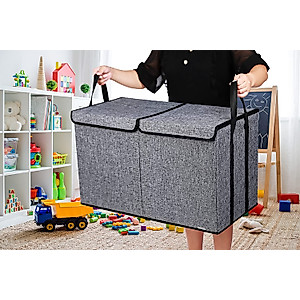 YOLOXO 2 Pack Large Kids Toy Box Chest Storage Organizer with Flip-Top Lid Dark Grey+Thin Grey