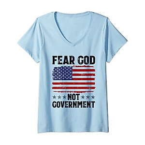 Womens Fear God Not Government American Flag Anti Government V-Neck T-Shirt