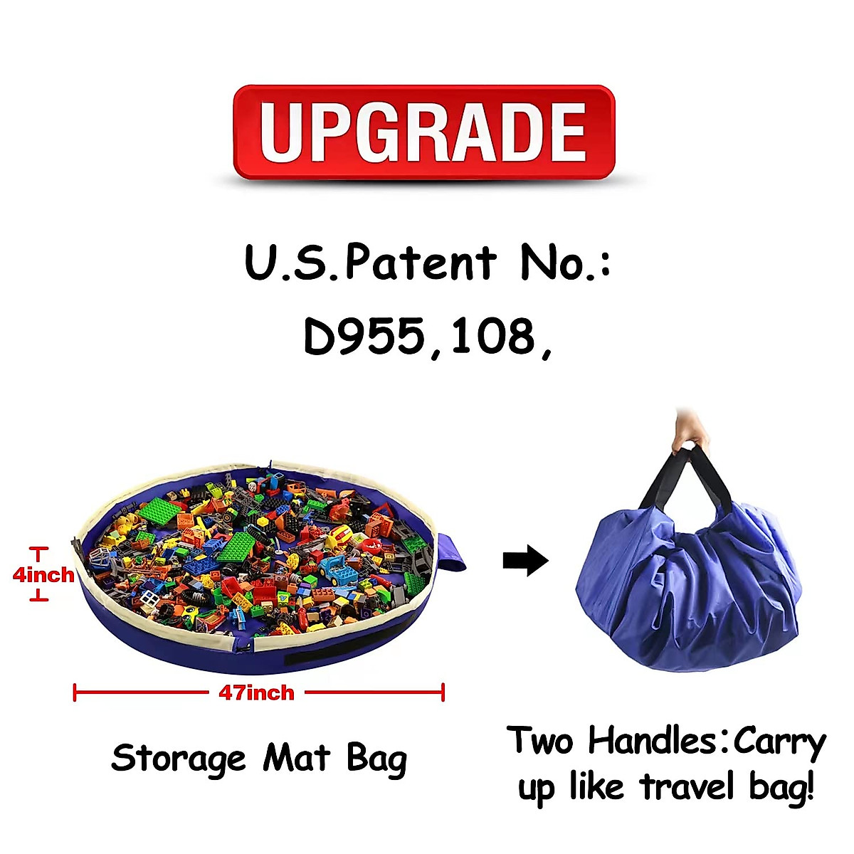 Toy Storage Mat Bag by Drawstring for Lego - Play Mat Bag Toy Storage Container for Kids with Cap can as Gift（ Blue 47inch ）