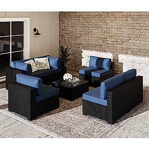 SUNLEI 7pcs Patio Conversation Sets Outdoor Furniture Sets, High Back All-Weather Rattan Sectional Sofa with Tea Table&Washable Couch Cushions(Black Rattan)（Blue）