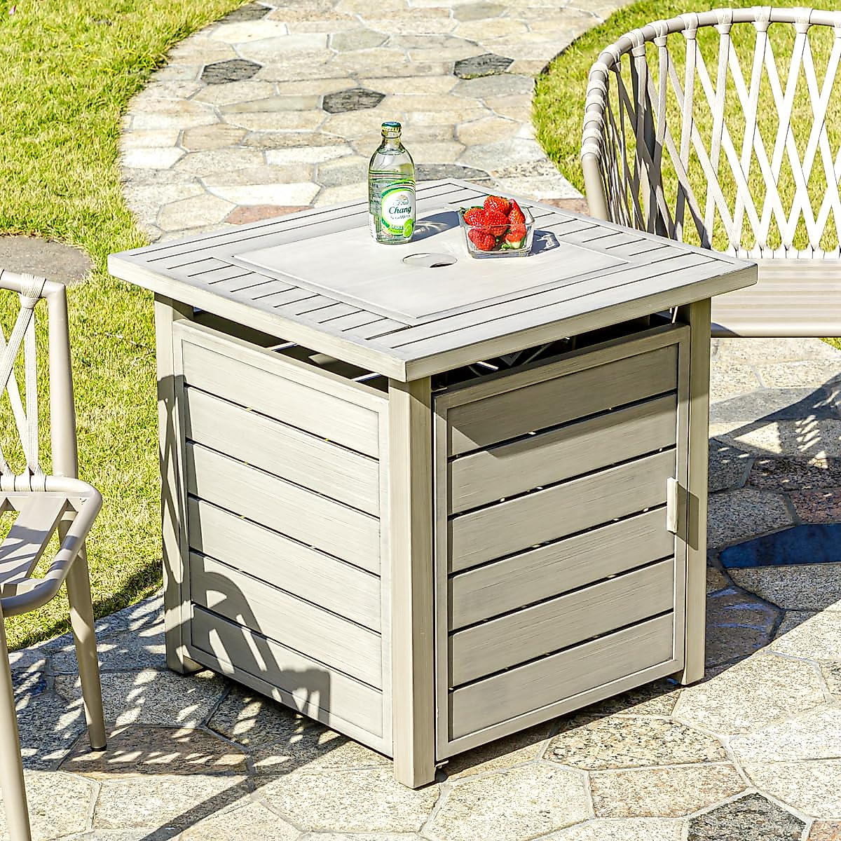 OutVue 28 Inch Propane Fire Pit Table, Outdoor Gas Fire Pits with Lid & Lava Rock, 50000 BTU Firepit for Dinning, Party in Outside, Patio, Garden or Yard (Light Grey)