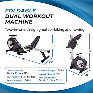 Stamina Conversion II Recumbent Exercise Bike and Rower - Cardio Machine with Smart Workout App - Exercise Bike for Home Workout - Up to 250 lbs Weight Capacity