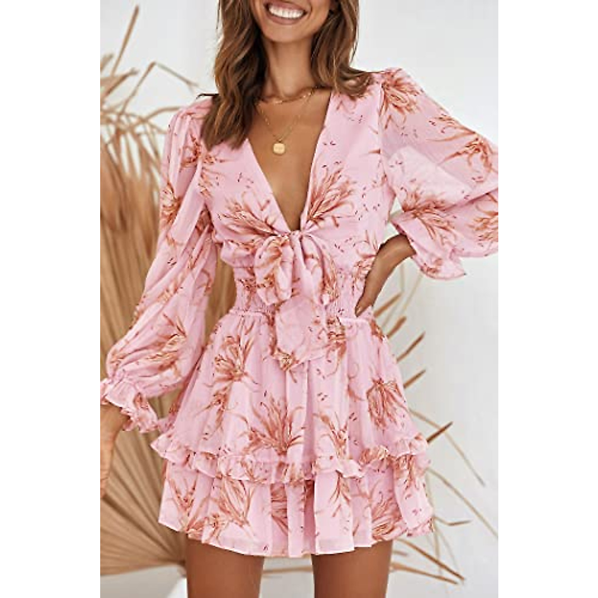 PRETTYGARDEN Women's Short A-Line Flare Dress Knot Front Long Sleeve V Neck Tiered Ruffle Swing Mini Skater Dresses (Pink Floral,Small)