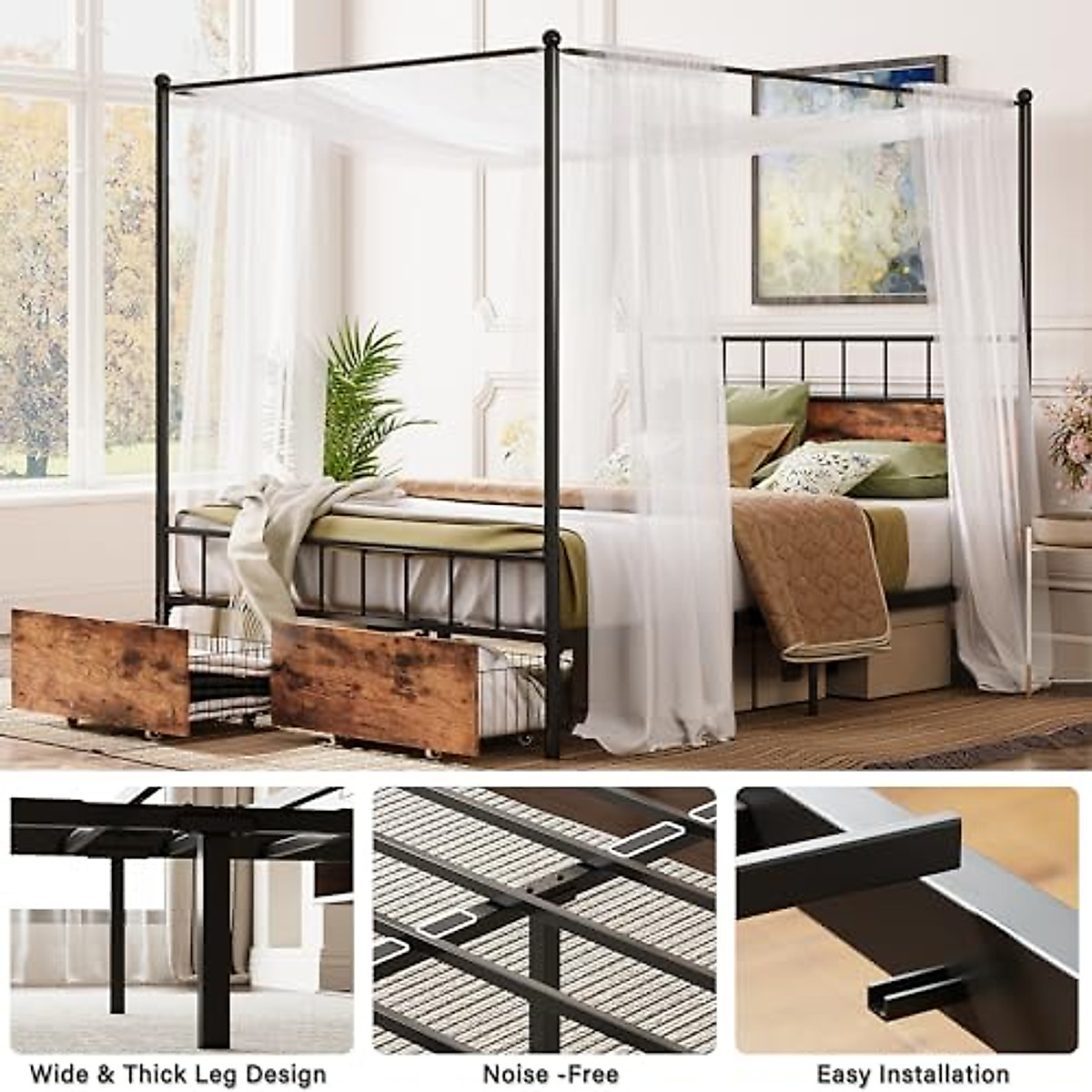 LIKIMIO Canopy Bed Frame Full with Wooden Headboard and Drawer, Full Size Bed Frame with 4 Removable Sturdy Posts, Noise Free, No Box Spring Needed, Vintage Brown