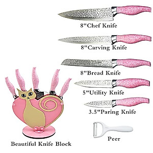 Kitchen Knives Set, Stainless Steel Knife Set with Novelty Acrylic Block, Sharp Cutlery Knife Set for Chef Cooking Cutting, Pink Color Knife