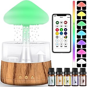 Rain Diffuser, App Control Snuggling Cloud Diffuser with 5 Essential Oils, 7 Changing Colors Night Light, Mushroom Humidifier for Sleeping Relaxing Mood Rain Drop Sound, Wood