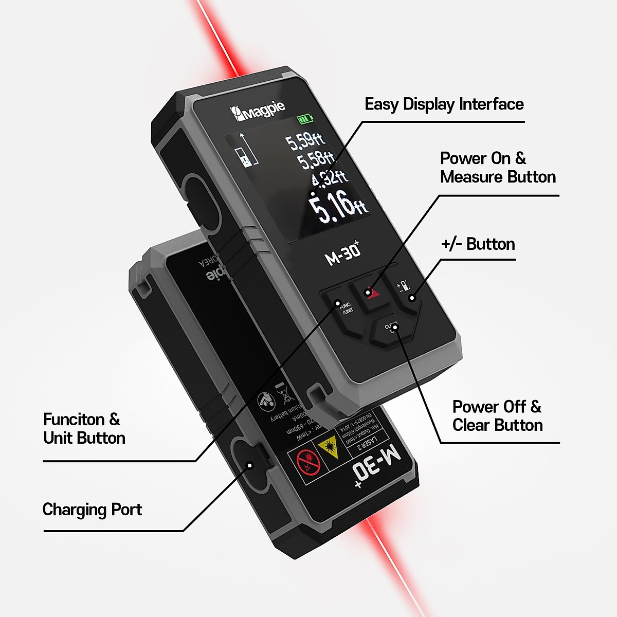 Compact Laser Measurement Tool, MAGPIE M-30+ 98ft/30m Small Laser Distance Meter, Rechargeable Laser Measure for Fast, Precise Results (‎Space Gray)